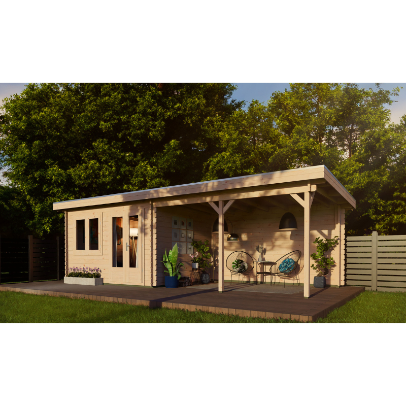 Woodpro Pent Log Cabin With Gazebo - 7.5 x 3 | DIY Garden Homes